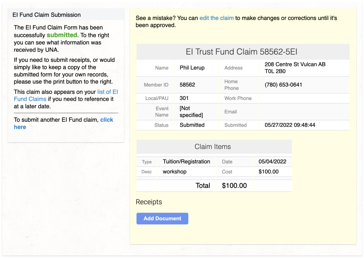 EI Trust Fund Claims - Member with UNA Account - UNA Help